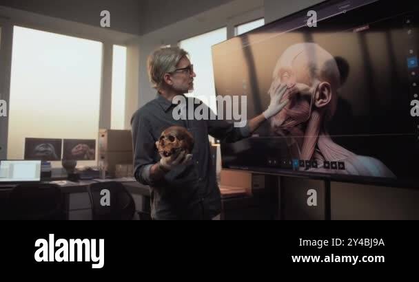 Male and female scientists or archaeologists talk, examine fossil skull ...