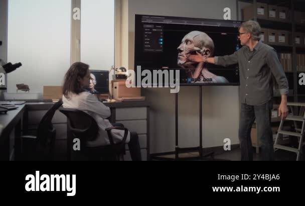 Advanced archaeological science laboratory: Male and female archaeologists talk, conduct ...