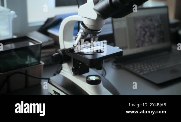 Workspace in advanced modern archaeological lab. Microscope with sample ...