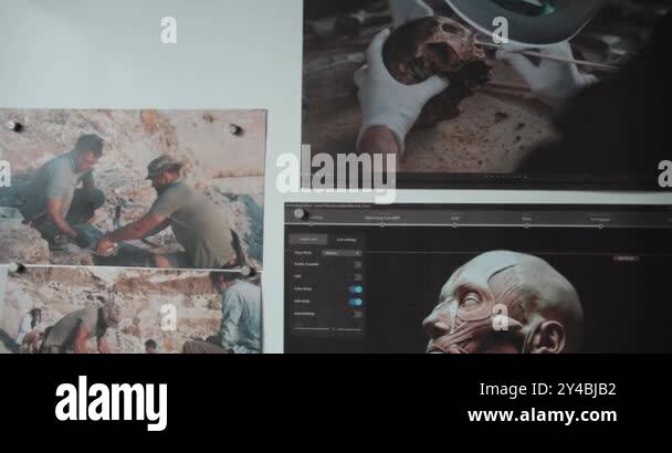 Board with printed images of 3D model of Neanderthals. Three ...