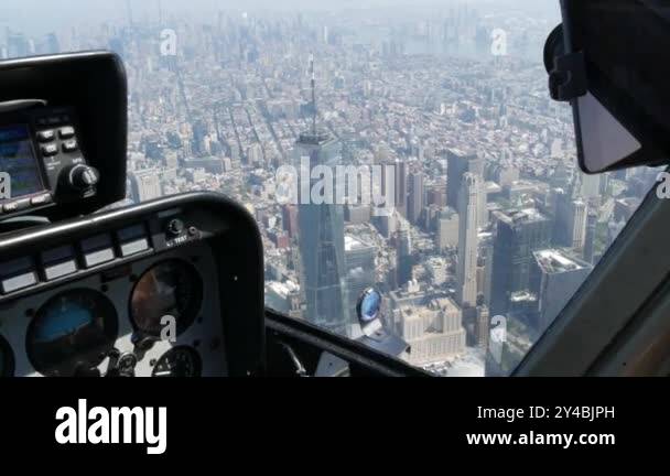 New York City helicopter cabin flight, heli cockpit flying over ...