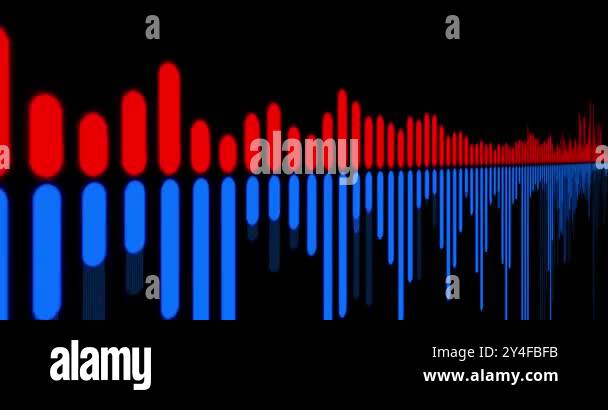 Sound waveform. Seamlessly looped audio equalizer isolated on black solid. Moving red and blue ...