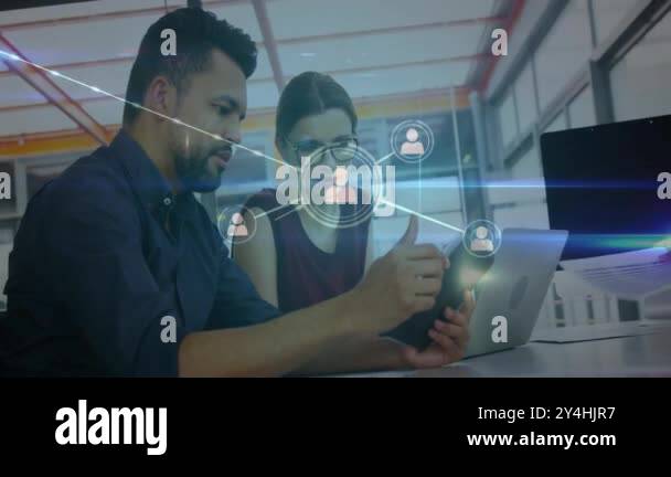 Network connections and user icons animation over people using ...