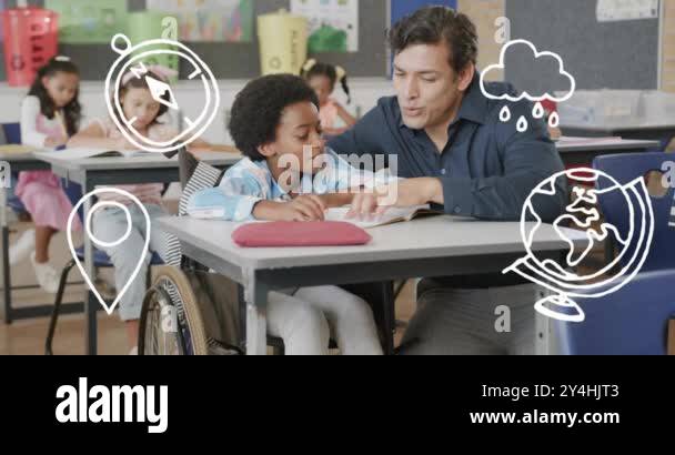 Teacher helping student in wheelchair with geography animation over ...