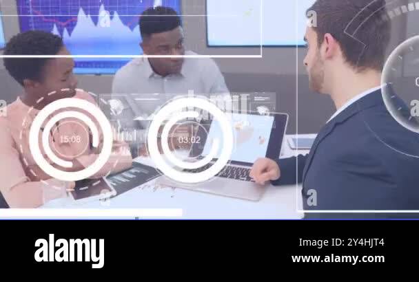 Discussing code animation, diverse team in business meeting. Technology, teamwork, brainstorming ...