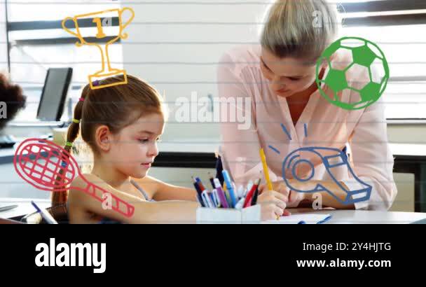 Teacher assisting young student with sports equipment animation over ...