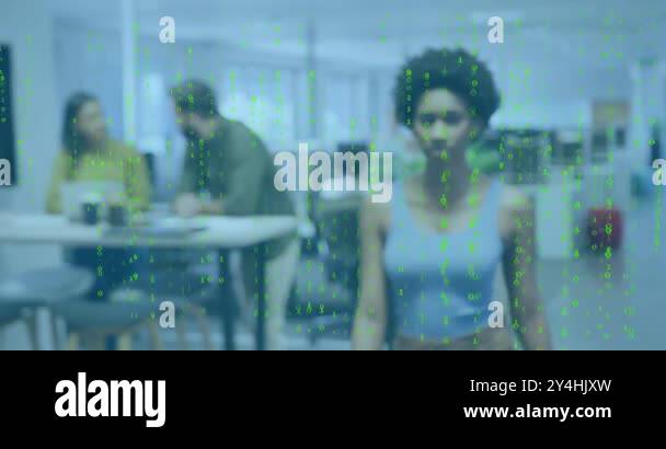 Binary code animation over diverse people working in modern office. Technology, teamwork ...