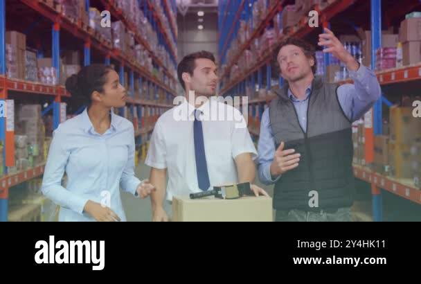 Discussing logistics, diverse workers in warehouse management animation ...