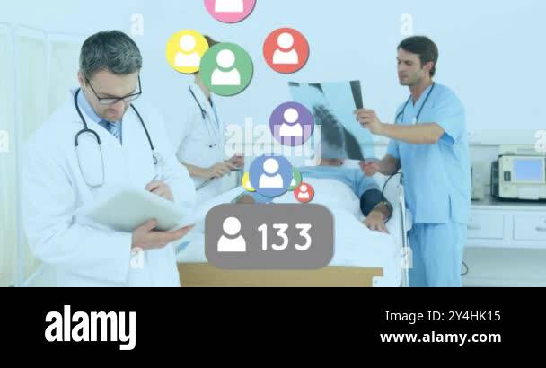 Medical team treating patient with social media notifications animation ...