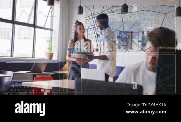 Discussing project, colleagues in office with city map and data ...