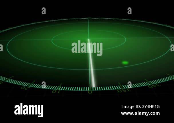 Green radar scanning animation with rotating line and grid on dark background. technology ...