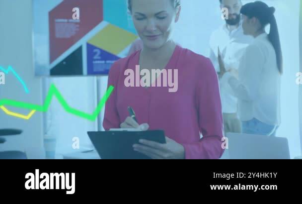 Green line graph animation over business people working in modern ...