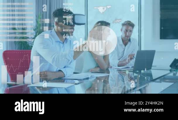 Virtual reality data analysis animation over business meeting in modern ...