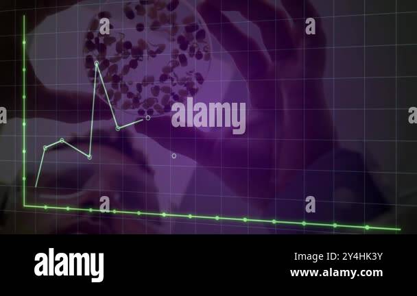 Graph with fluctuating data points animation over scientist examining ...