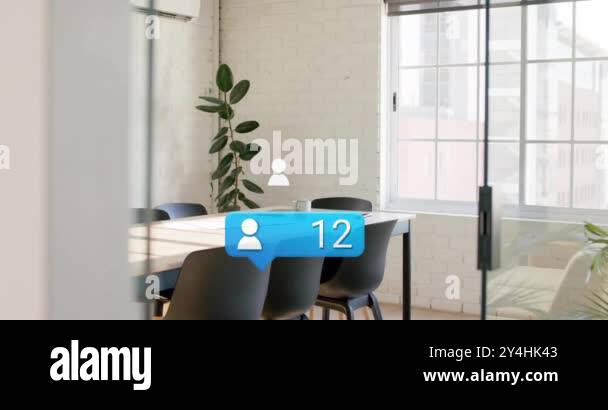 Social media follower count animation over empty modern office with ...