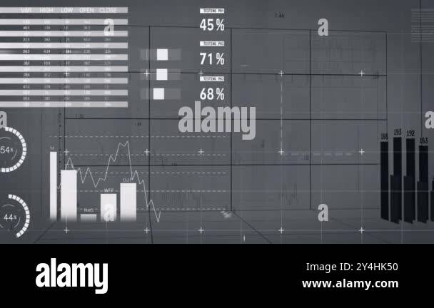 Graphs and charts animation over world map and data analytics. Business, technology, statistics ...