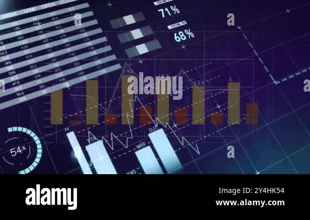 Financial charts and graphs animation over world map and data analysis. Finance, global ...