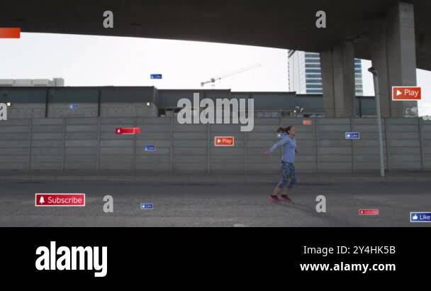 Social media buttons animation over person skateboarding in urban area ...