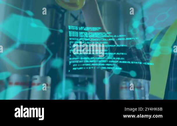 Examining flask, scientist with brain data processing animation over laboratory background ...