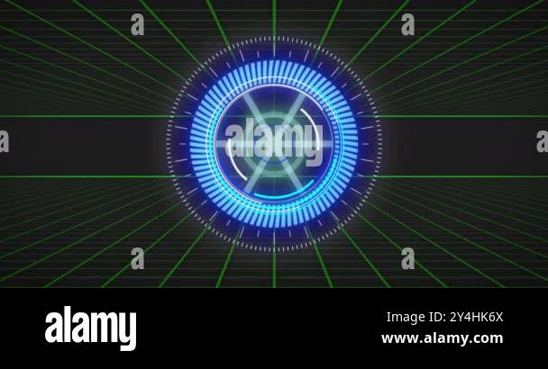 Futuristic blue digital interface animation with rotating elements over grid background ...