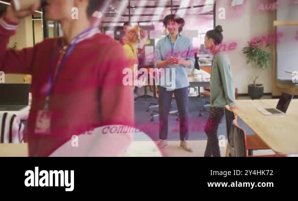 Business team collaborating over pink animation of data and graphs in ...