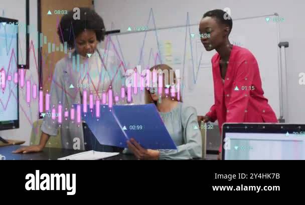 Analyzing financial data animation over diverse businesswomen collaborating in office. teamwork ...