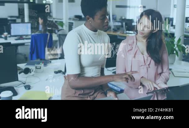 Analyzing data charts animation over diverse businesswomen collaborating in office. teamwork ...