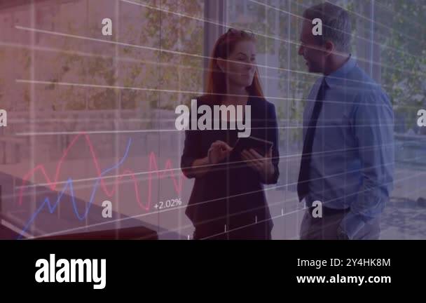 Analyzing tablet, business professionals with financial graph animation ...