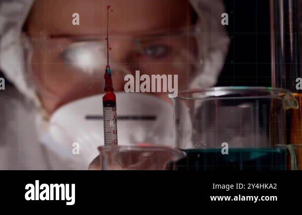 Scientist examining syringe and beakers, mathematical equations ...