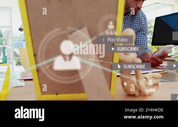 Using smartphone and writing, man receiving social media animation at ...