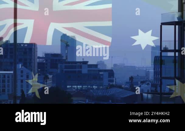 Australian flag animation over cityscape with buildings and ...