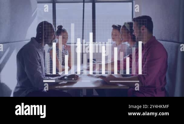 Business meeting with bar chart animation over diverse team discussing ...