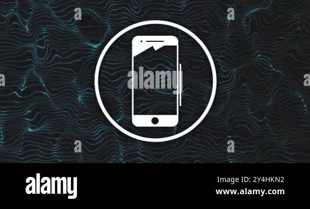 Smartphone icon animation over wavy lines on dark background ...
