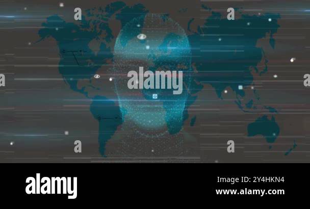 Digital human face with data points and world map, global technology animation. futuristic ...