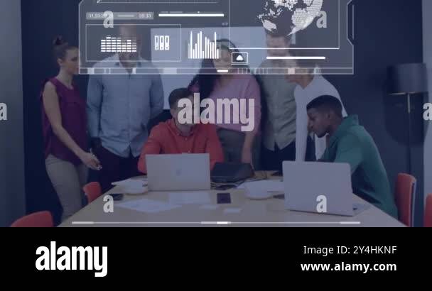 Collaborating over digital data processing animation, business team working together ...