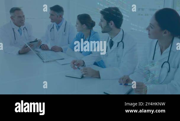 Medical professionals discussing data with graphs and charts animation ...