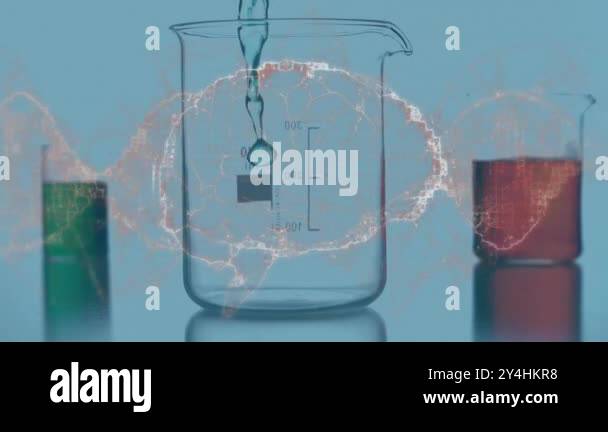 Pouring liquid into beaker with scientific data processing animation ...