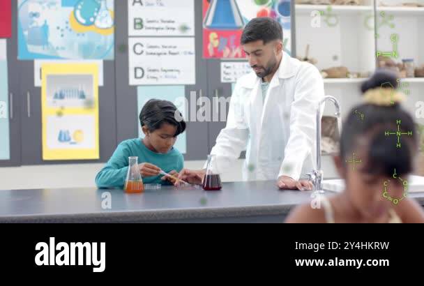 Chemistry teacher and student conducting experiment, chemical formulas over classroom scene ...