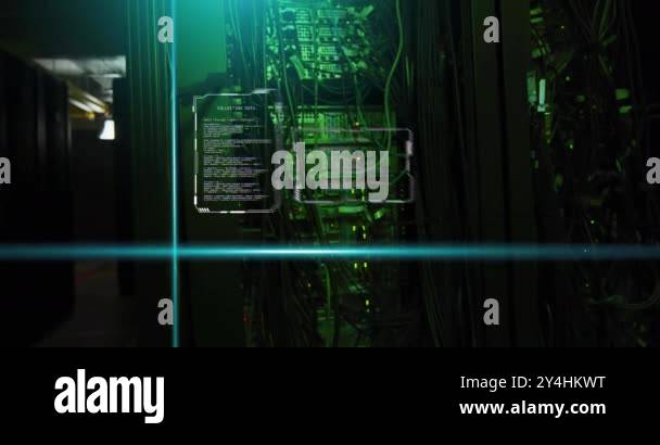 AI data coding animation over server racks with green lighting. Technology, innovation ...