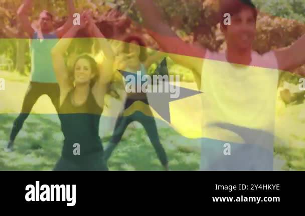 People exercising in park with Ghana flag animation over them. Fitness ...