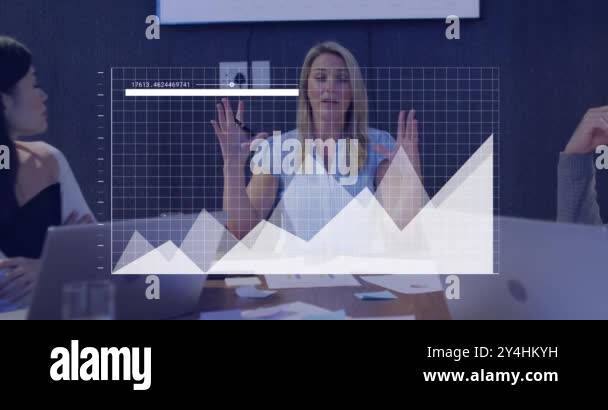 Businesswoman presenting data, financial graph animation over office ...