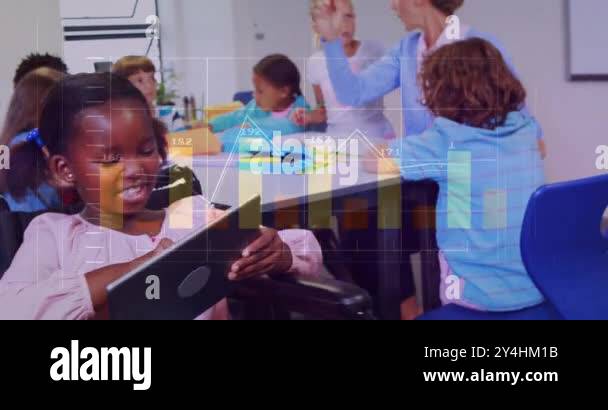 Children studying with teacher, financial data animation over classroom ...