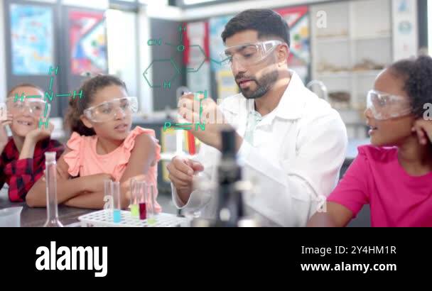 Chemistry formulas and molecular structures over teacher conducting experiment with children ...