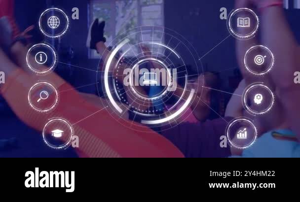 Digital interface animation over person exercising indoors. Technology ...