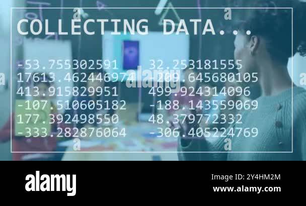 Collecting data animation over person writing on transparent board in ...