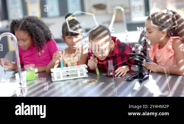 Chemical formulas and molecular structures over children conducting science experiments in ...