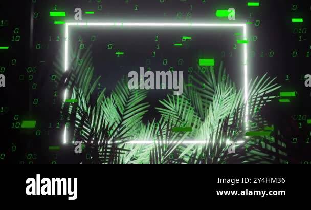 Binary code and data processing animation over tropical palm leaves ...