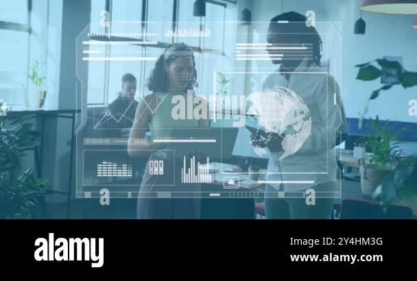 Business data analytics animation over two colleagues discussing in modern office. discussion ...