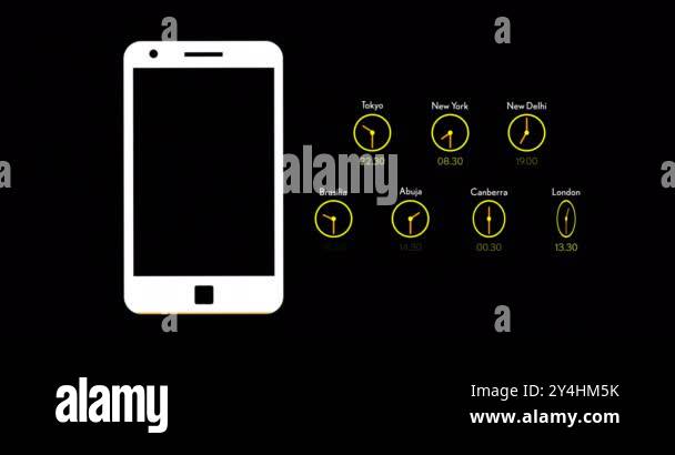 Smartphone with world clocks showing different time zones over black ...