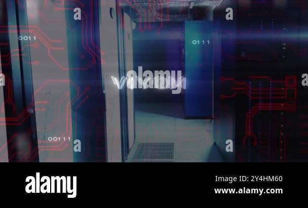 Virus alert animation over server room with circuit board patterns ...